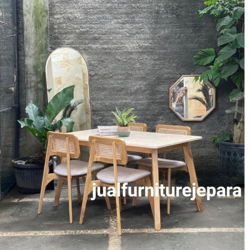Jual Meja Makan Marmer 4 Kursi Rotan Kayu Jati, Set Meja Makan Marmer Kursi 4 Minimalis Kayu ...