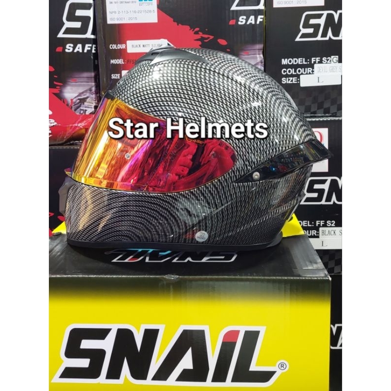 Jual Helm Snail FFS2 Carbon Glossy Iridium Flat Visor + Spoiler 3D ...