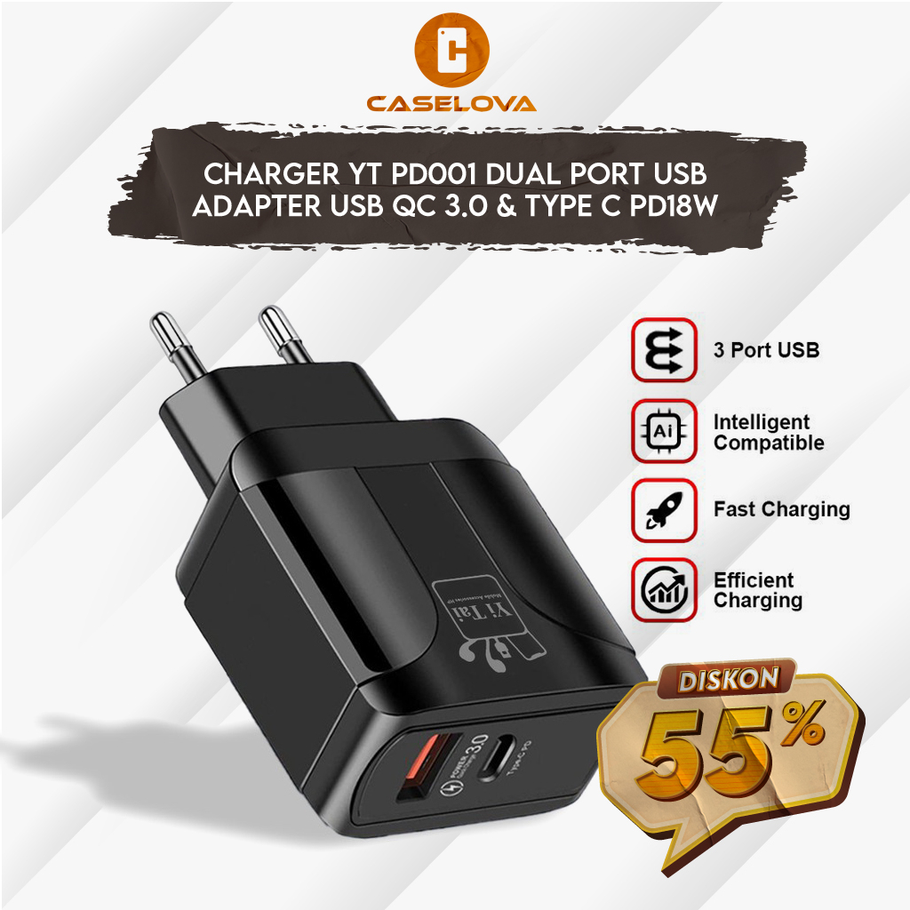Jual Adaptor Travel Charger YT PD001 Dual PORT USB QC 3.0 & TYPE C ...