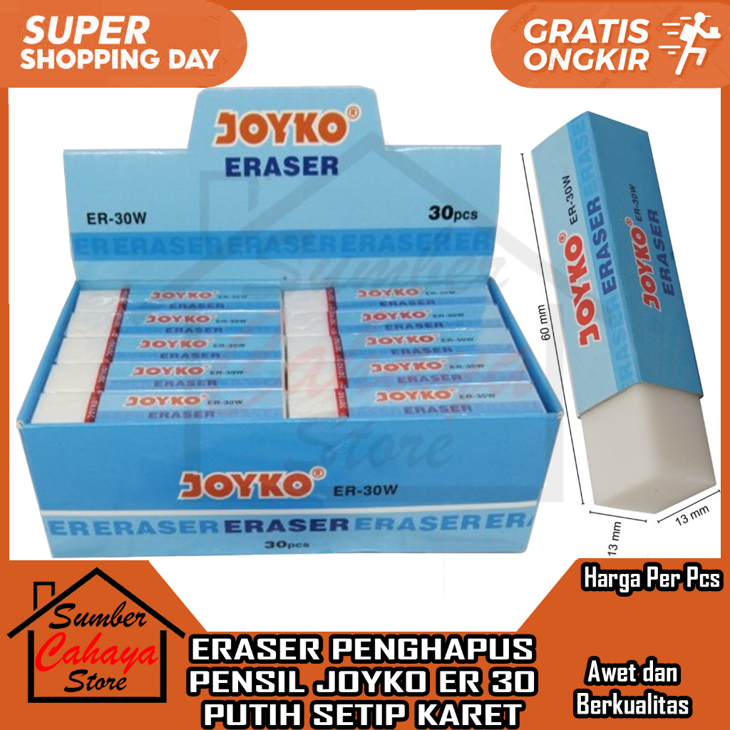 Jual PENGHAPUS PENSIL JOYKO PANJANG ER 30 PUTIH ERASER STIP SETIP ...