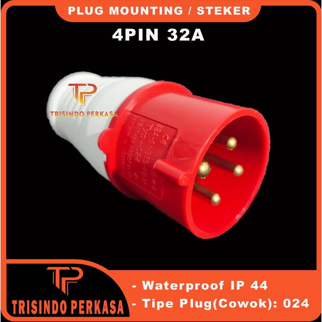 Jual Plug Mounting Male Steker 4P / 4 Pin 4Pin 32A 32 Ampere 024 IP44 Industrial Plug 4 Kaki ...