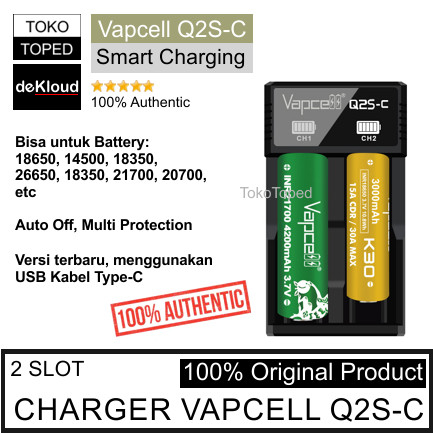Jual Authentic VAPCELL Q2S-C Battery Charger | Q2S baterai batre 18650 21700 cas casan type c ...