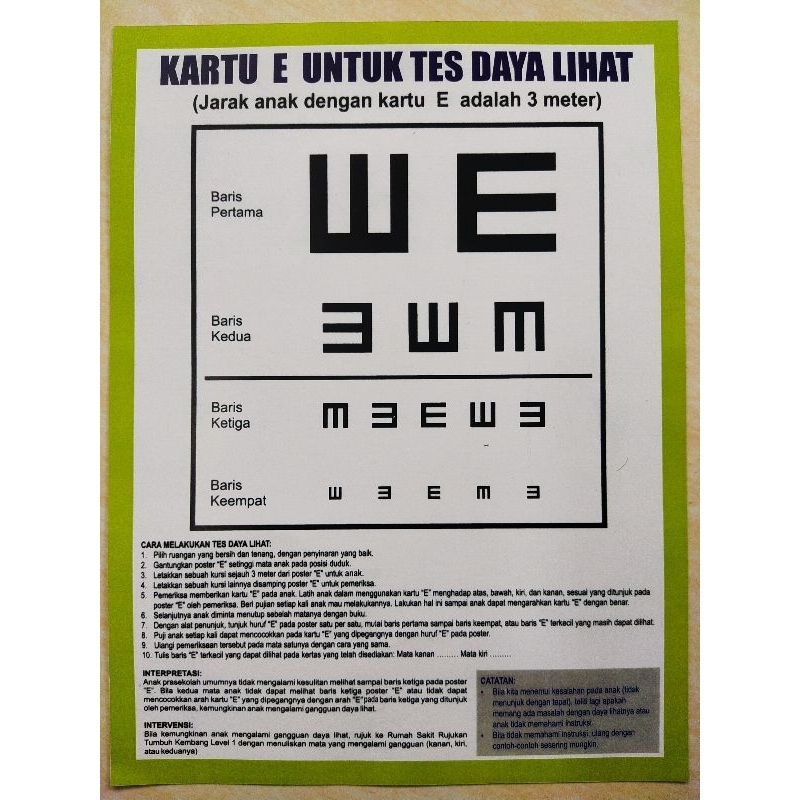 Jual Alat Test Daya Lihat Mata Anak/Snellen Chart/Kartu E | Shopee ...