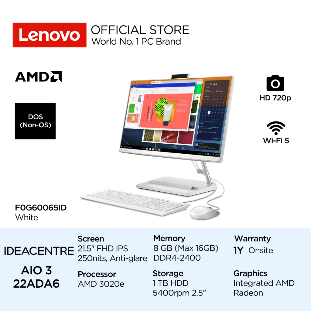 Jual Lenovo PC IdeaCentre AIO 3 22ADA6 AMD 3020e DOS 8GB 1TB HDD 2.5 ...