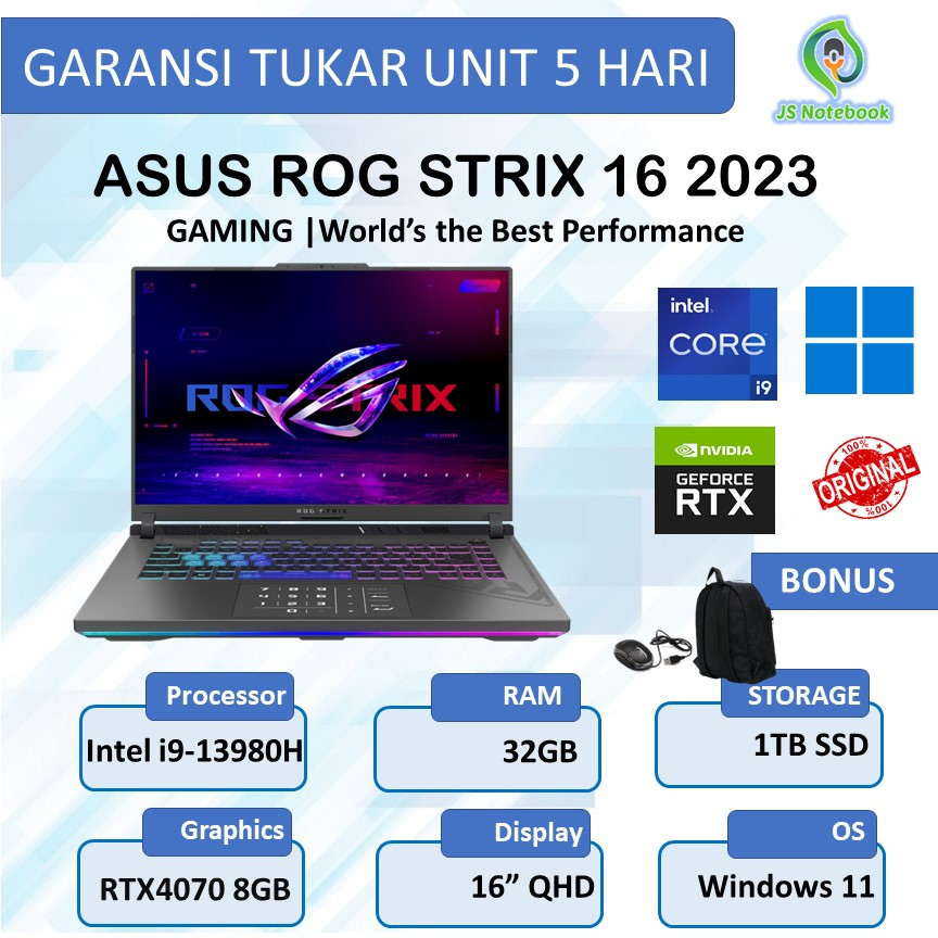 Jual ASUS ROG STRIX G16 G614JI RTX4070 8GB i9-13980H 32GB 1TB SSD WIN11 ...