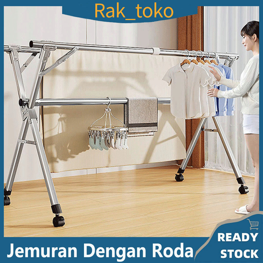 Jual (COD) Jemuran Baju Lipat Stainless Steel Rak pakaian Dengan Katrol ...