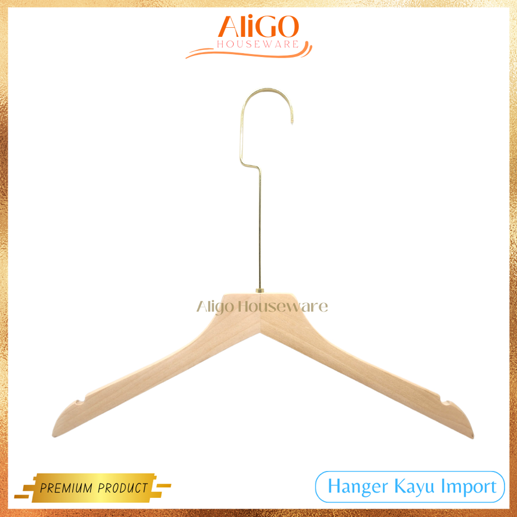 Jual ALIGO Hanger Kayu Natural Import Dewasa Premium Hook Gold Gepeng ...