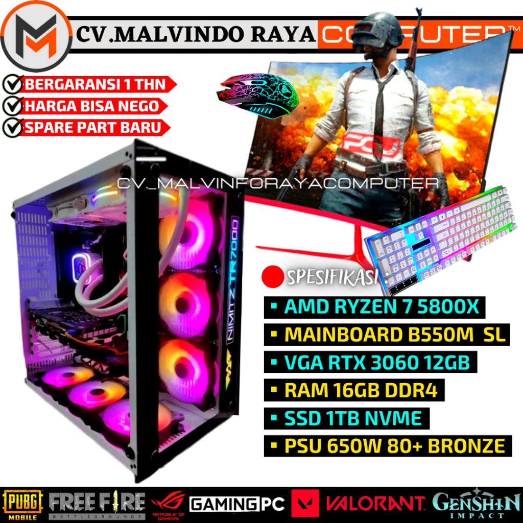 Jual PC GAMING LIVE STREAMING RYZEN 7 5800X RTX 3060 12GB RAM 16GB SSD ...