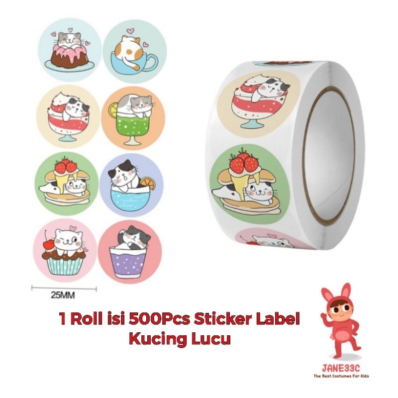 Jual 1 Roll isi 500pcs Sticker Label Kucing Lucu untuk hadiah/kemasan ...