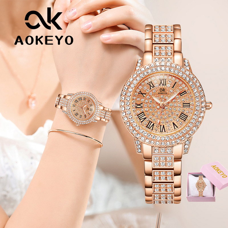 Jual AOKEYO F008 Jam Tangan Wanita Diamond Rose Gold Analog Fashion ...