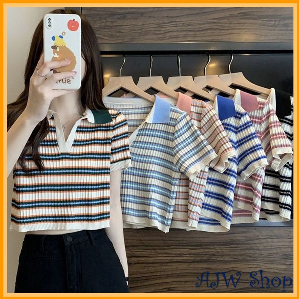 Jual AJW Atasan Rajut Lengan Pendek Salur Garis Garis Wanita Import Premium UD | Baju Rajut ...