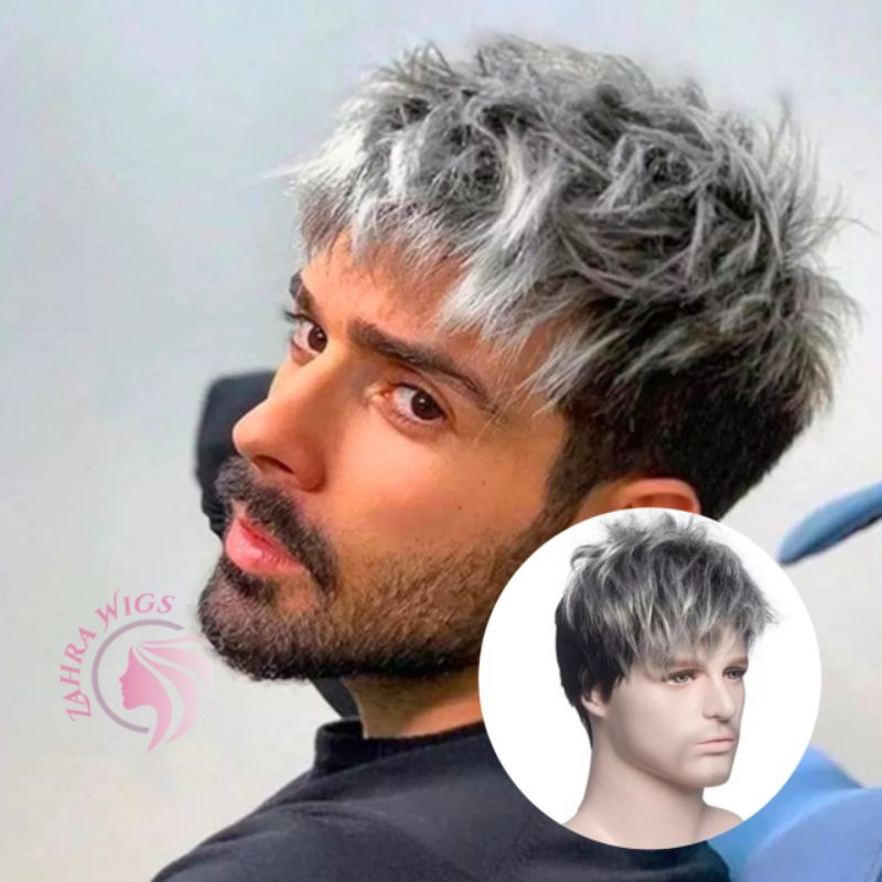Jual Wig Pria Rambut Pendek Straight Ombre Grey Black Rambut Palsu Pria ...