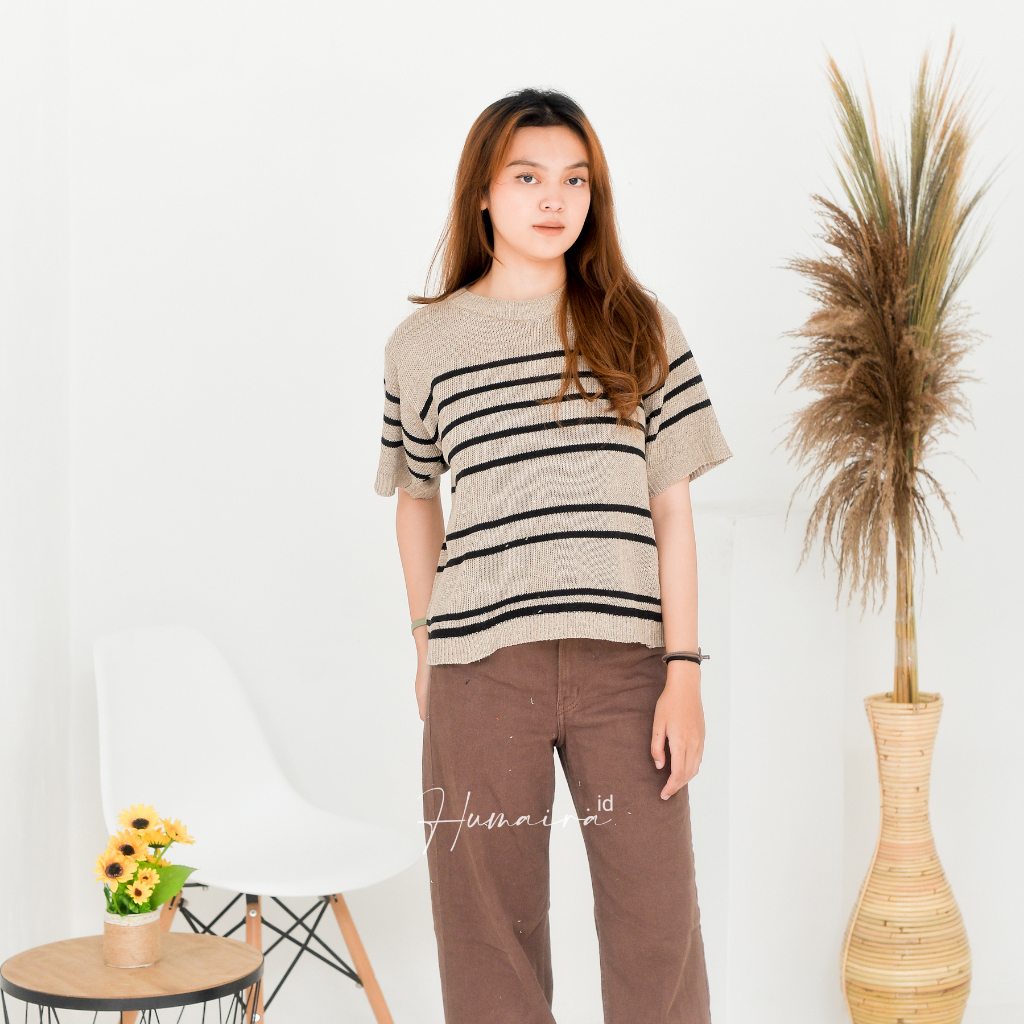 Jual Sakura Atasan wanita oversize kaos bergaris lengan pendek rajut blouse korean style ...