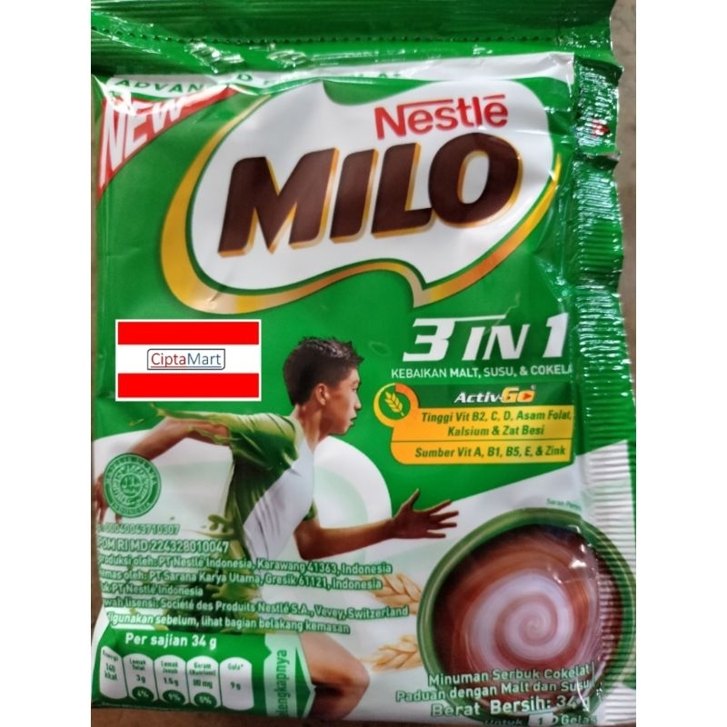 Jual Milo 3 in 1 Activ-Go Sachet @ 34 gr ( 1 renceng isi 10 pcs ...