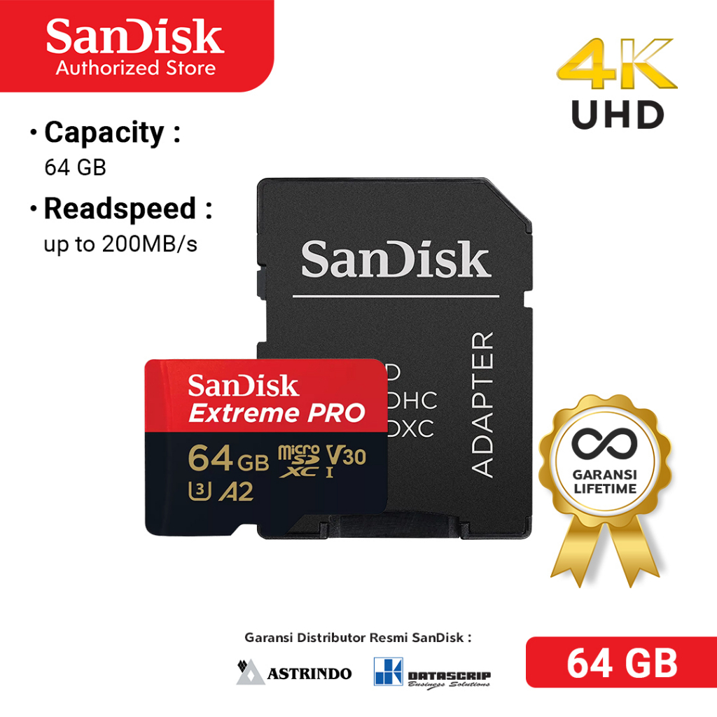 Jual Memory Card | Micro SD 64GB SanDisk Extreme Pro up to 200Mbps U3 ...