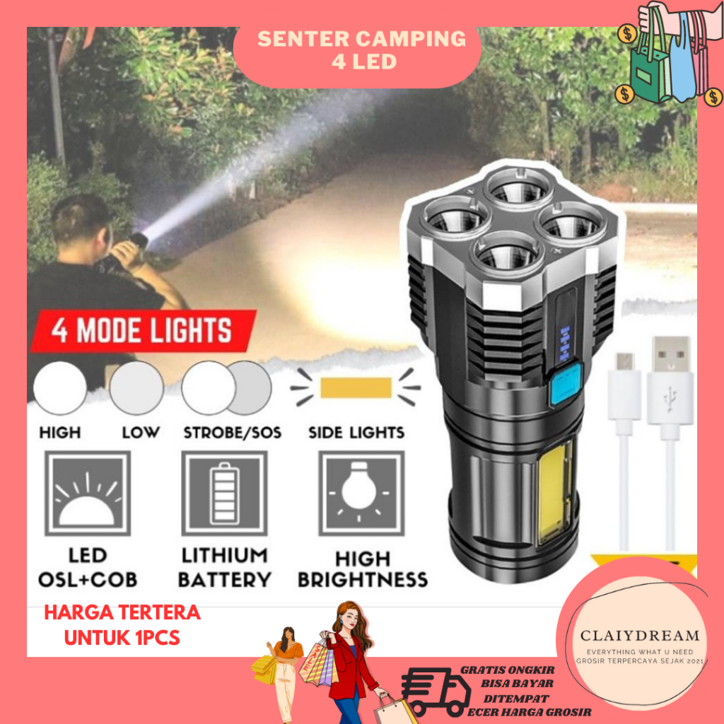 Jual CLAIYDREAM SENTER CAMPING 4LED COB + LIGHT SUPER TERANG L-S03 | Shopee Indonesia