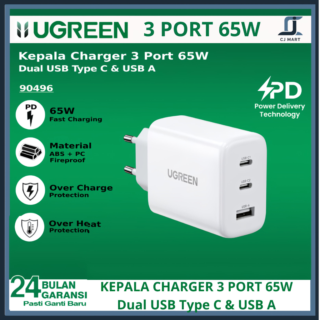 Jual UGREEN Kepala Charger Dual Port USB A USB Type C Fast Charging 65W ...