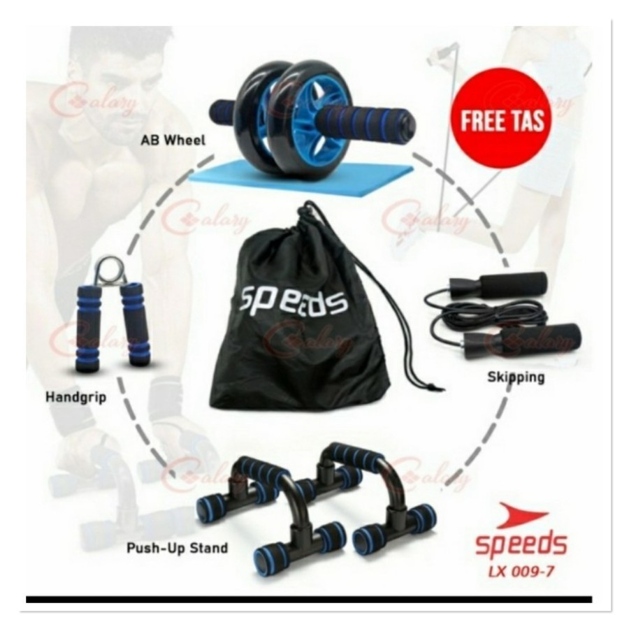 Jual PAKET ALAT OLAHRAGA / GYM RUMAH - SKIPING + AB WHEEL + PUSH UP ...