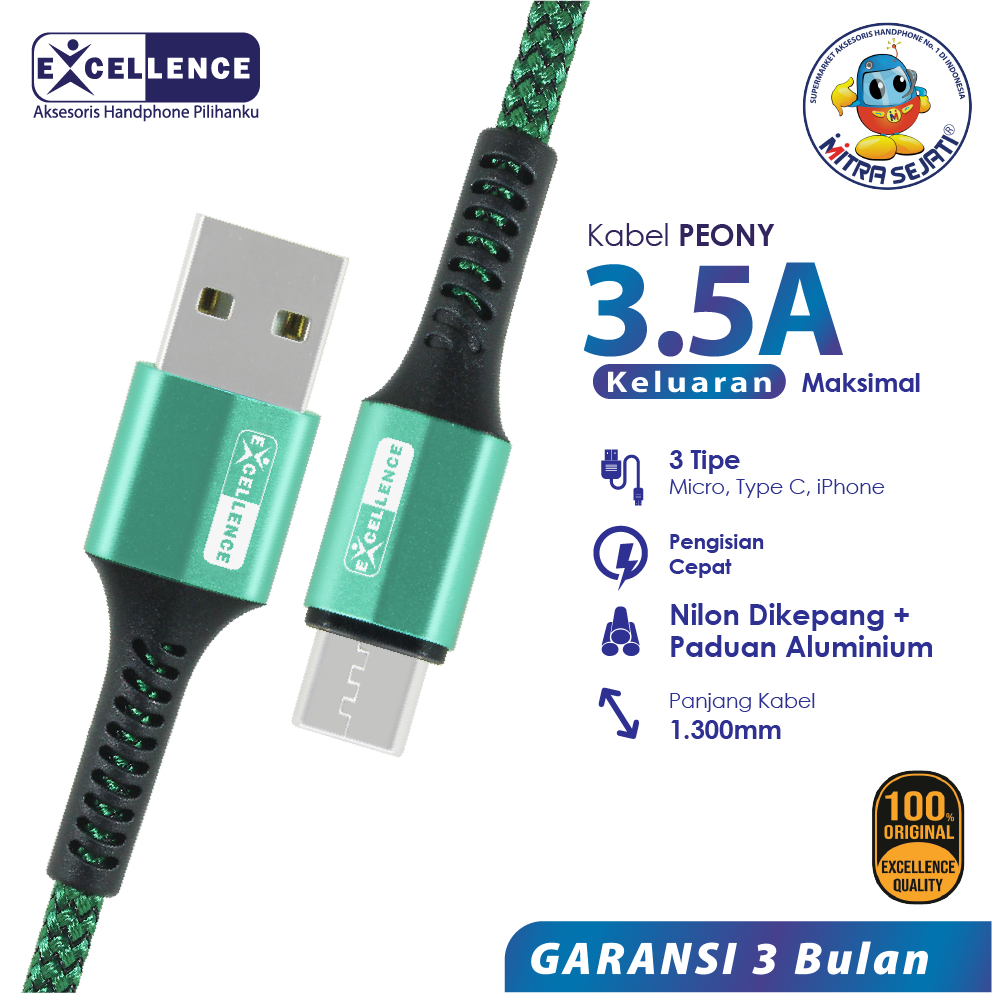 Jual EXCELLENCE Kabel Data Peony 1.3m Fast Charging Micro USB 3A/iPhone ...
