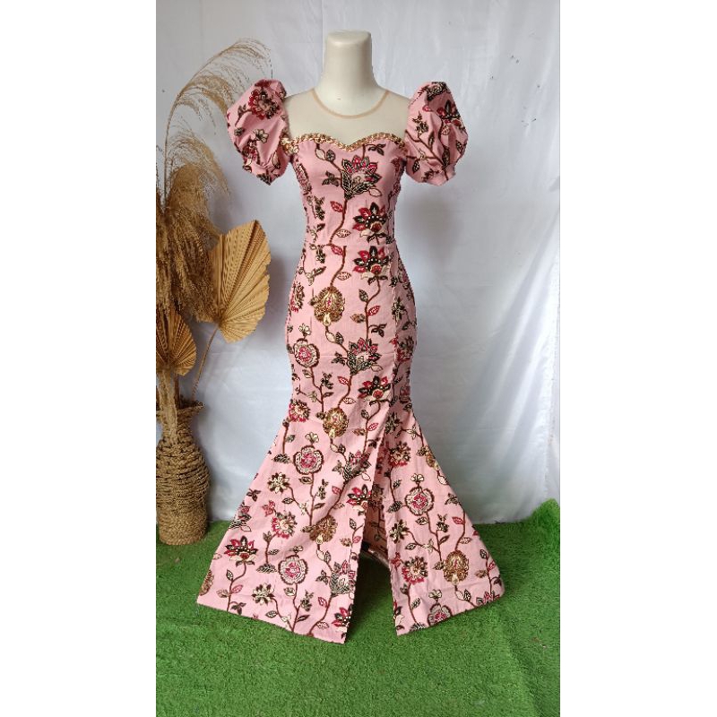 Jual gaun pesta batik strech kombinasi rantai sepan duyung | Shopee ...