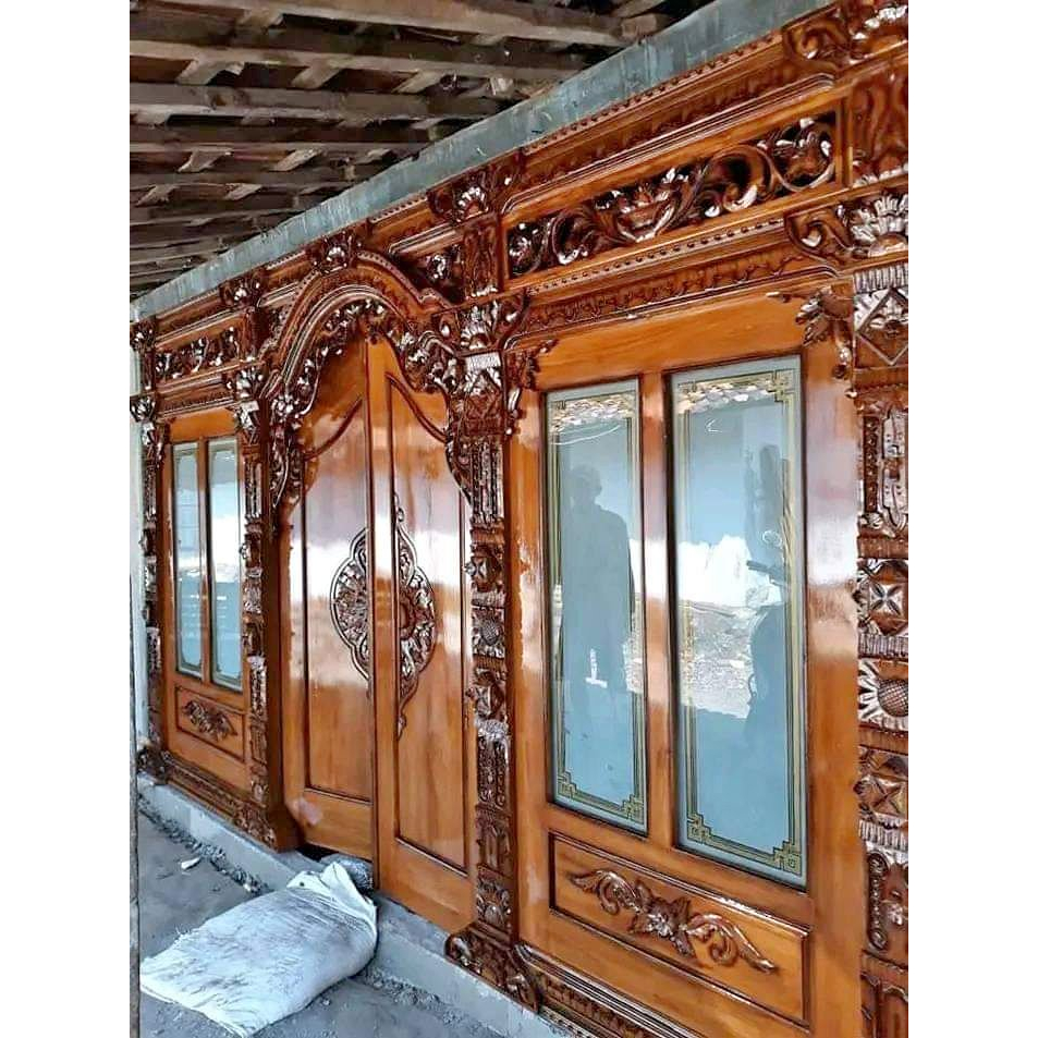 Jual pintu gebyok ukir model minimalis jendela pake kaca | Shopee Indonesia