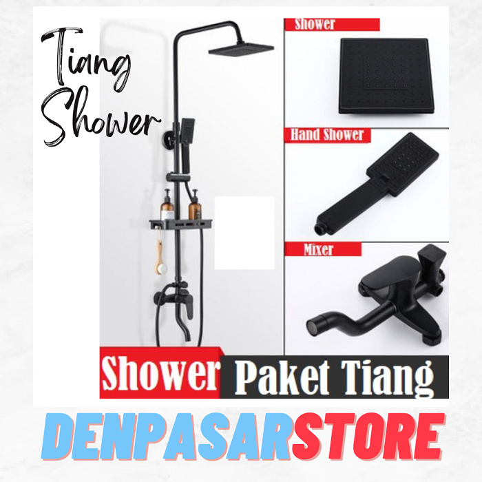 Jual Shower tiang set hitam panas dingin full set rak sabun | Shopee ...