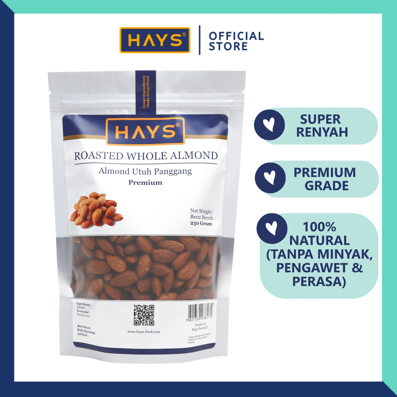 Jual Almond Panggang Utuh 250 GRAM, Roasted Almond Whole 250 GRAM HAYS ...