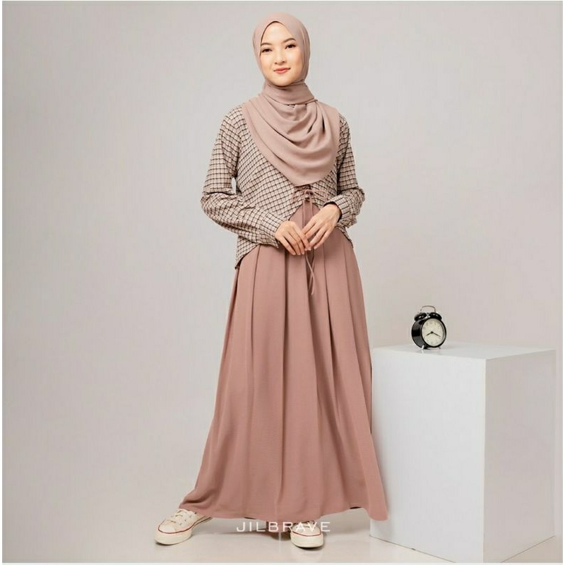 Jual NOEMI DRESS JILBRAVE | Gamis model Rok Rempel Bahan Air Flow Crinkle dengan Blazer Knit ...