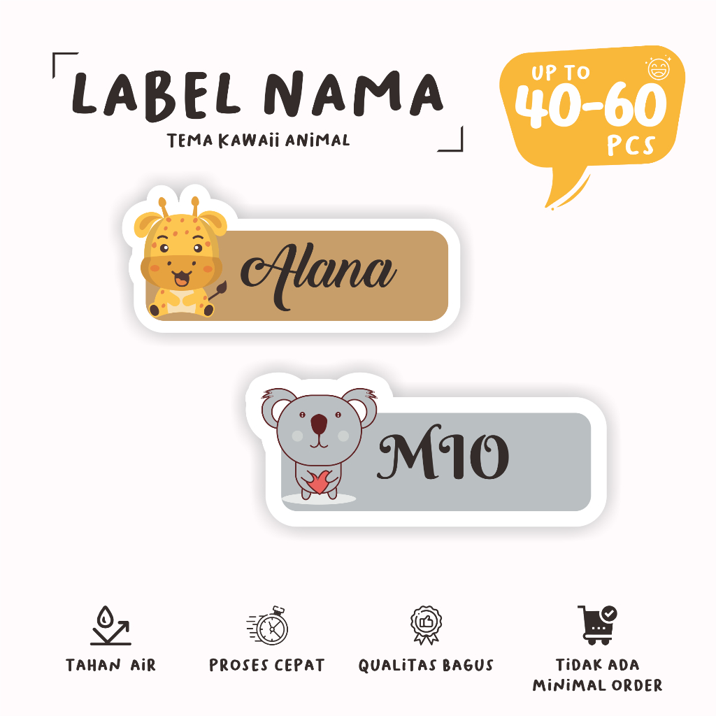 Jual (40 - 60 pcs)label nama murah KAWAII ANIMAL/bisa custom nama ...