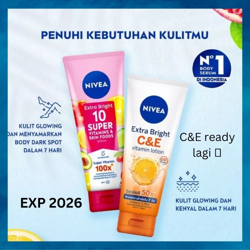 Jual NIVEA Extra Bright 10 SUPER Vitamins dan Skin Foods/ Vitamin Lotion C&E 180ml EXP 2026 ...
