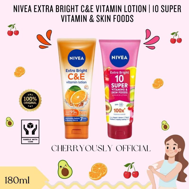 Jual NIVEA Extra Bright Vitamin Lotion C&E | 10 Super Vitamins Skin Food Serum 180ml Original ...