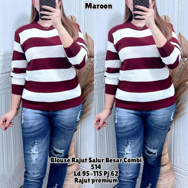 Jual Blouse Rajut Wanita Salur STRIP BESAR Kombinasi dua warna Polet Premium Lengan Panjang ...