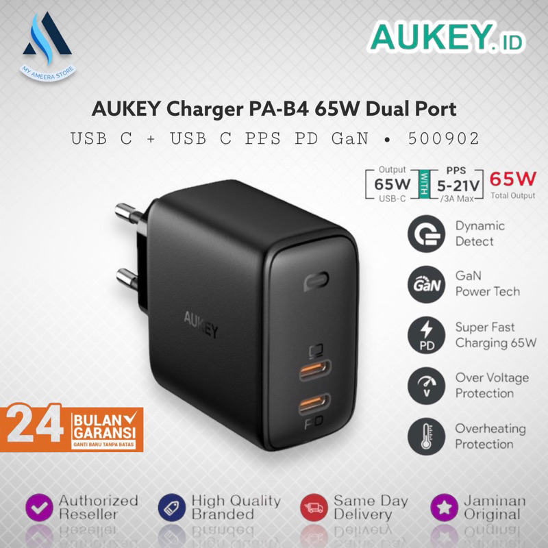 Jual AUKEY Wall Charger PA-B4 Dual Port USB-C 65W Super Fast Charging ...