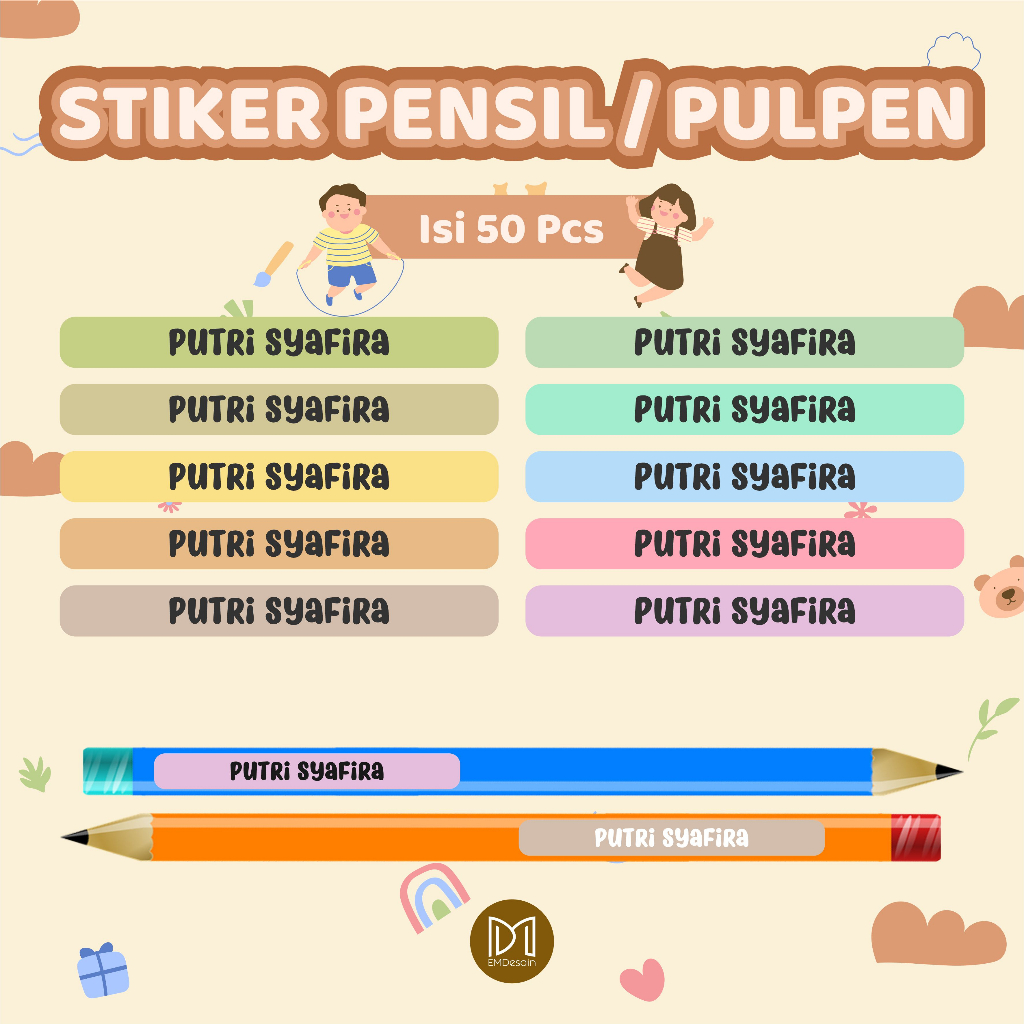 Jual (50 PCS) STICKER NAMA PENSIL PERALATAN ANAK STIKER PENSIL PULPEN ...