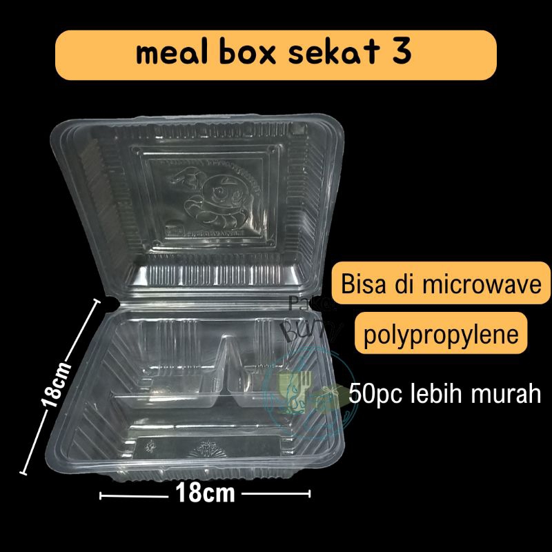Jual bento meal box sekat 3 microwaveable mika bento bening tebal mika ...