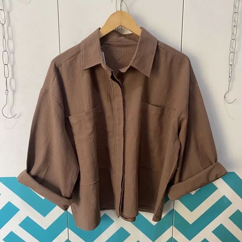 Jual Kemeja Wanita Linen Pocket - Oversized Linen Shirt - Atasan Wanita ...