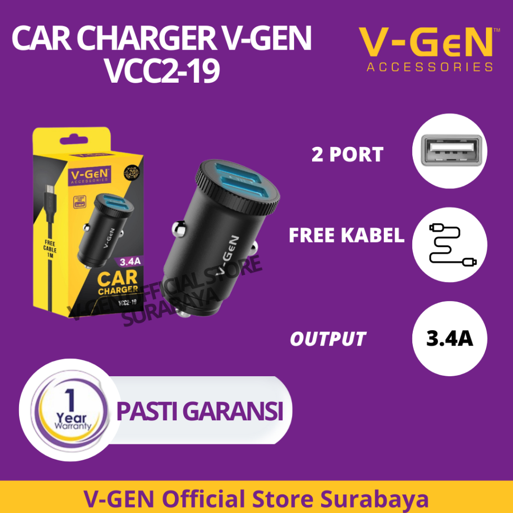 Jual Charger Mobil V-GeN VCC2-19 3.4A Dual Port USB LED Charger Mobil ...