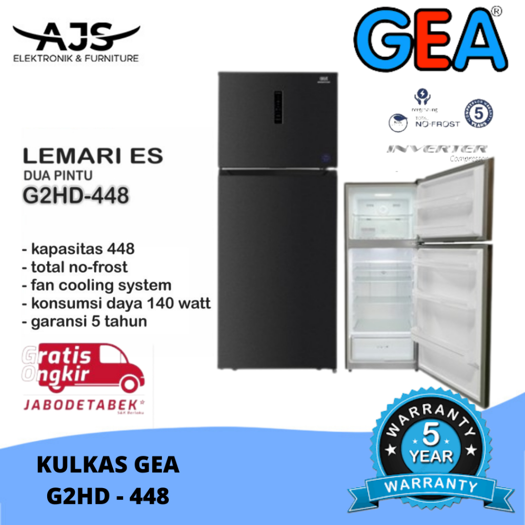 Jual Kulkas GEA 2 Pintu G2HD 448 / G2HD448 BLACK INOX No Frost 448 ...