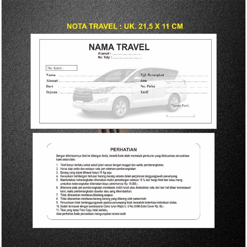 Jual NOTA | KWITANSI CUSTOM | NOTA TRAVEL 1/3folio ( 21,5 x 11 cm ...