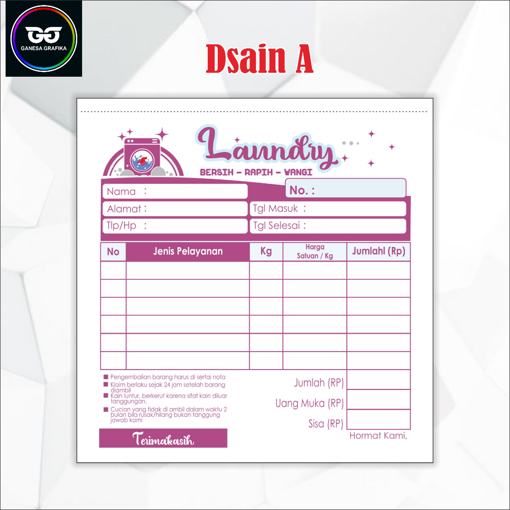 Jual nota laundry ukuran 1/6 polio 10 x 11 cm nota laundry 2 rangkap ...