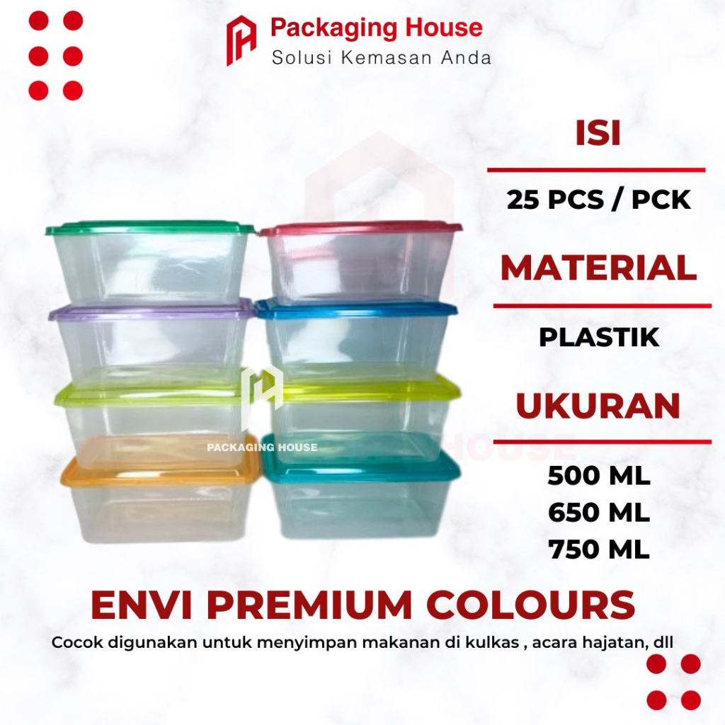 Jual [ 25 pcs ] Thinwall ENVI Colours Rectangle + Tutup Warna Clear Merek ENVI 500 ml, 650 ml ...