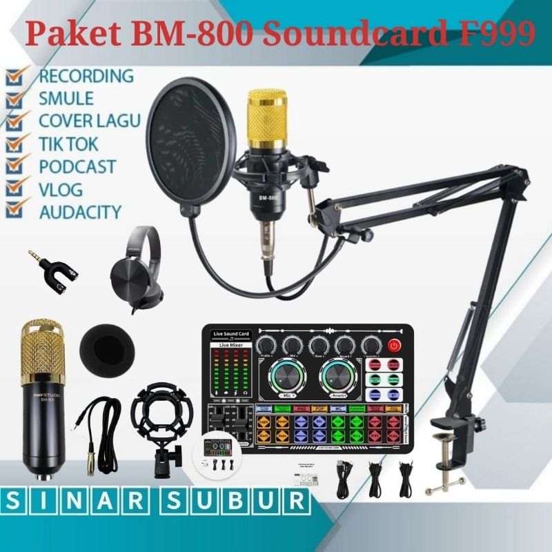 Jual Paket Premium Mic BM800 Soundcard F999 Stand Arm Pop Filter Live Streaming | Shopee Indonesia