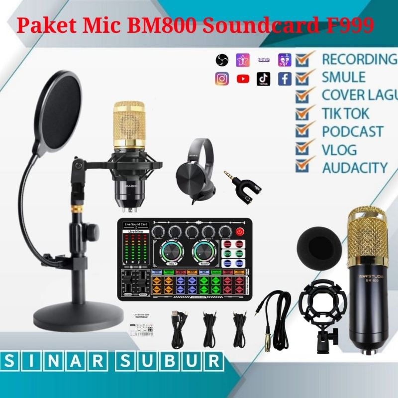 Jual Paket Premium Mic BM800 Soundcard F999 Stand Meja Pop Filter Live ...
