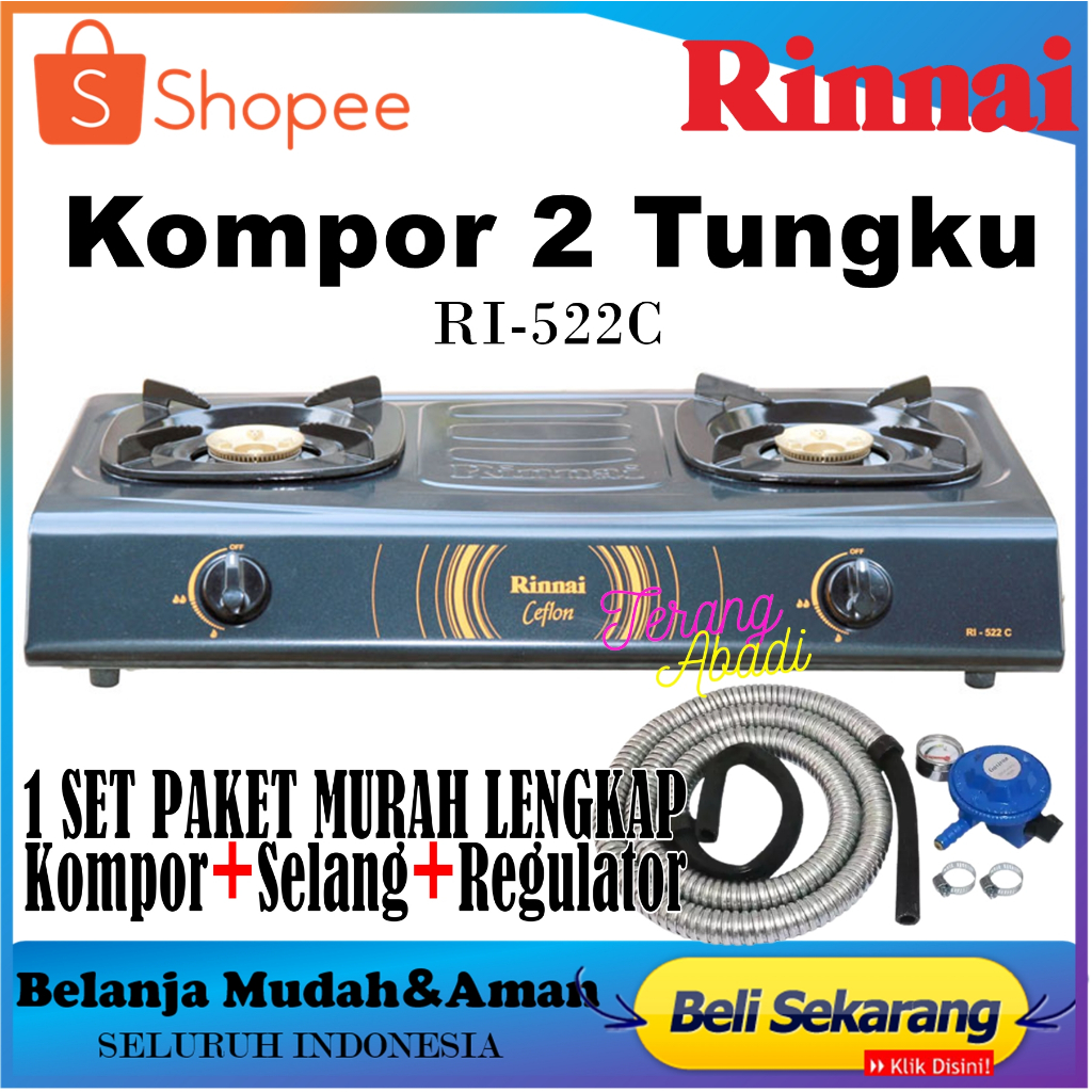 Jual Rinnai Kompor Gas 2 Tungku RI522C+Selang Gas+Regulator Kompor Gas ...