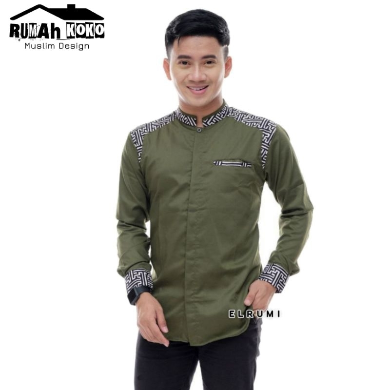Jual Baju Koko Pria Lengan Panjang Warna Army Kombinasi Batik Motif ...