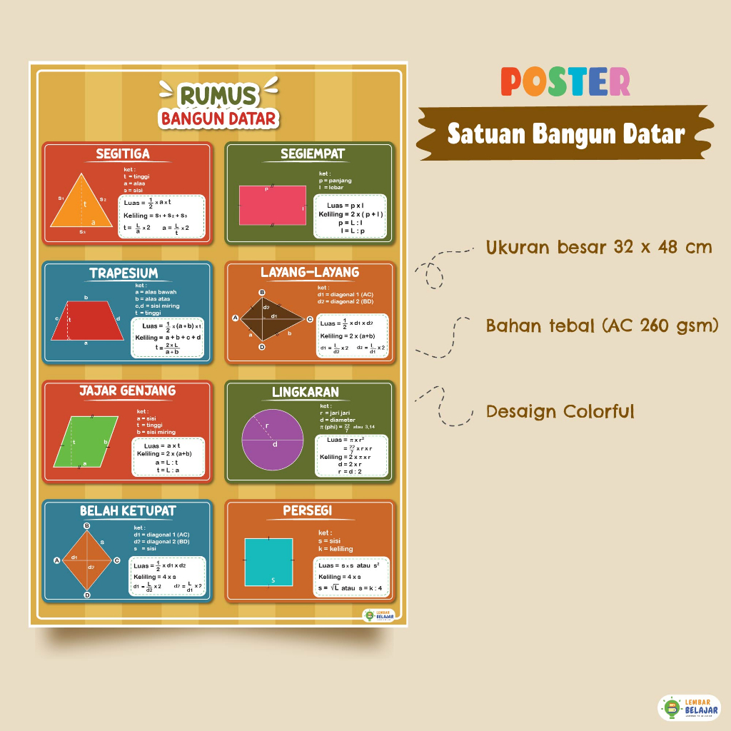 Jual LEMBAR BELAJAR Poster Satuan Matematika, Rumus Bangun Ruang dan Datar Ukuran A3+ | Shopee ...