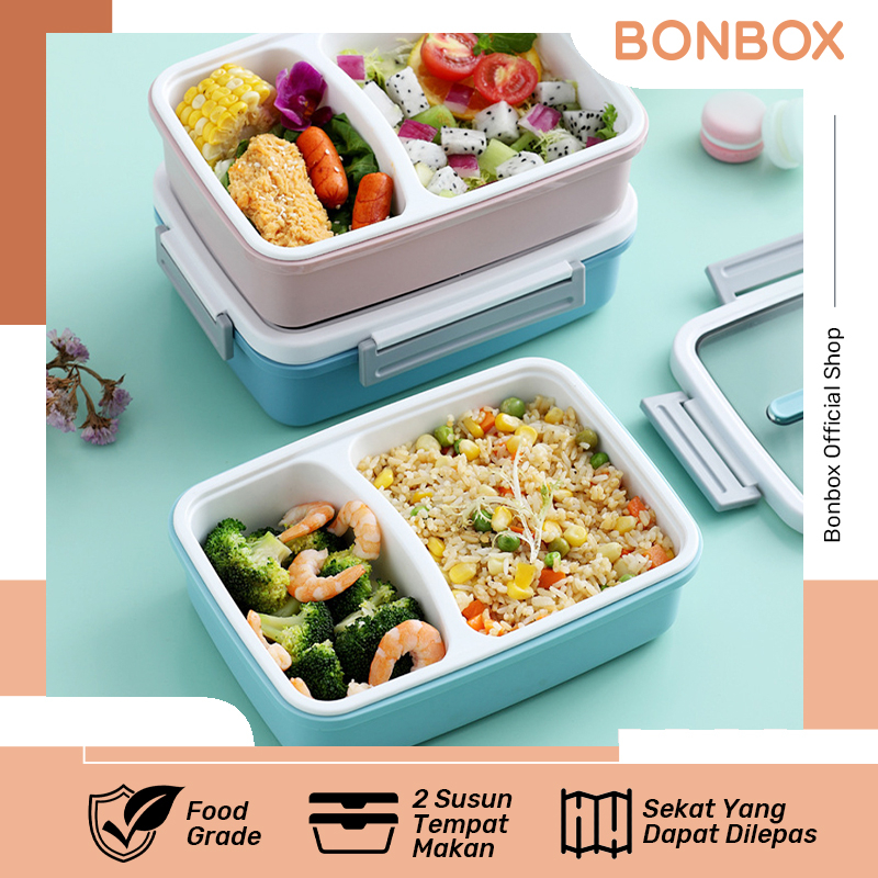 Jual BONBOX Tempat Makan Lunch Box Kotak Bekal Anti Tumpah Dua Susun Tiga Sekat Premium Food ...