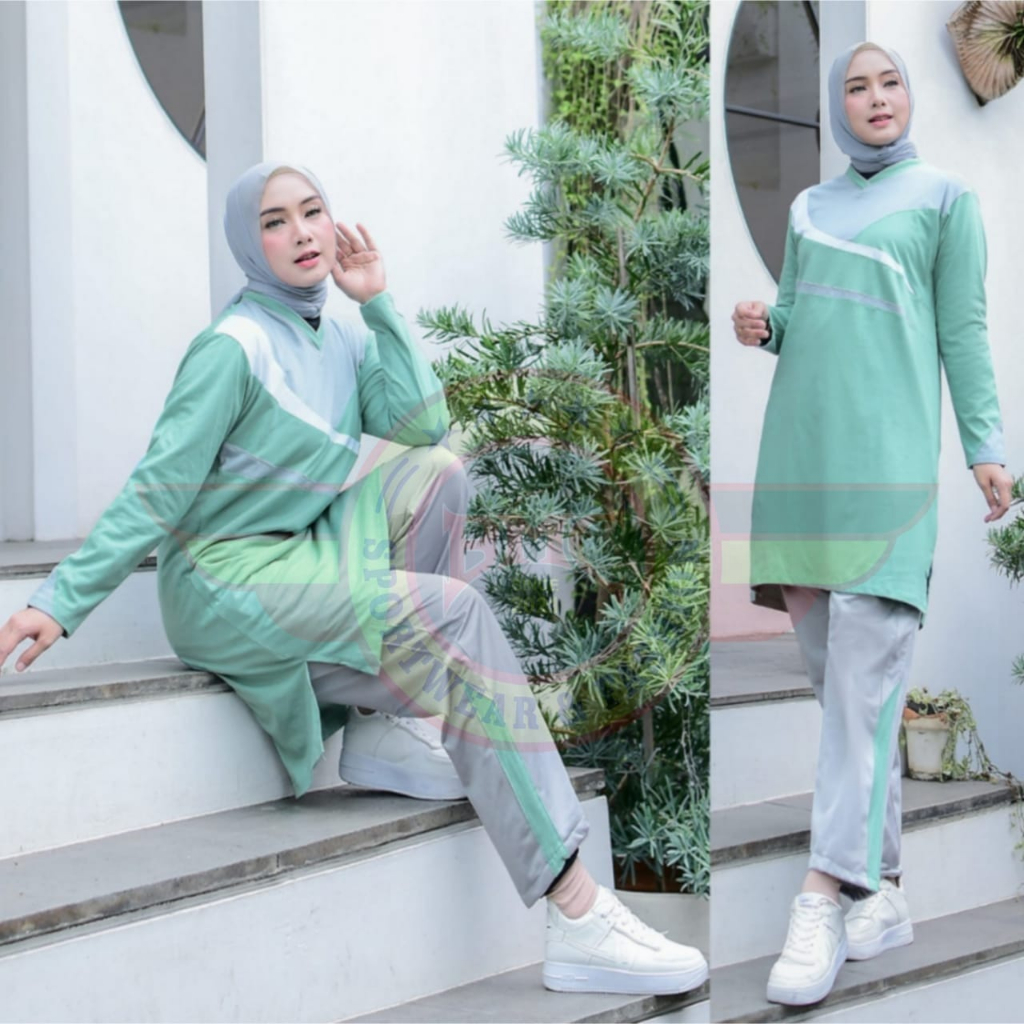 Jual 1 Set setelan olahraga muslimah tunik wanita /stelan senam muslim ...