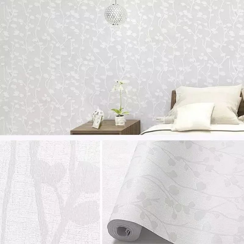 Jual Wallpaper Dinding Wallpaper Sticker Dinding Warna Putih Polos Bertekstur Salur Daun Cantik ...