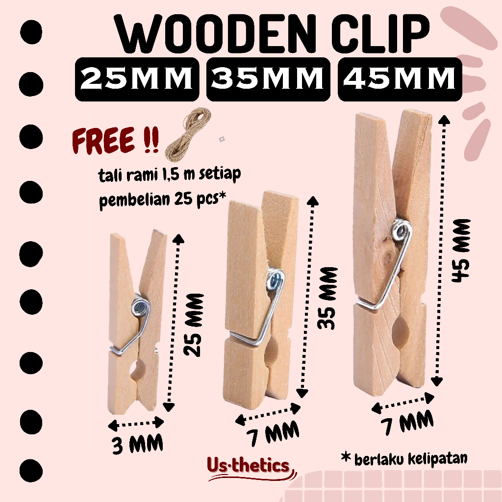 Jual Wooden Clip / Klip Kayu 25 35 45 MM estetik | Paper Clip Photo ...